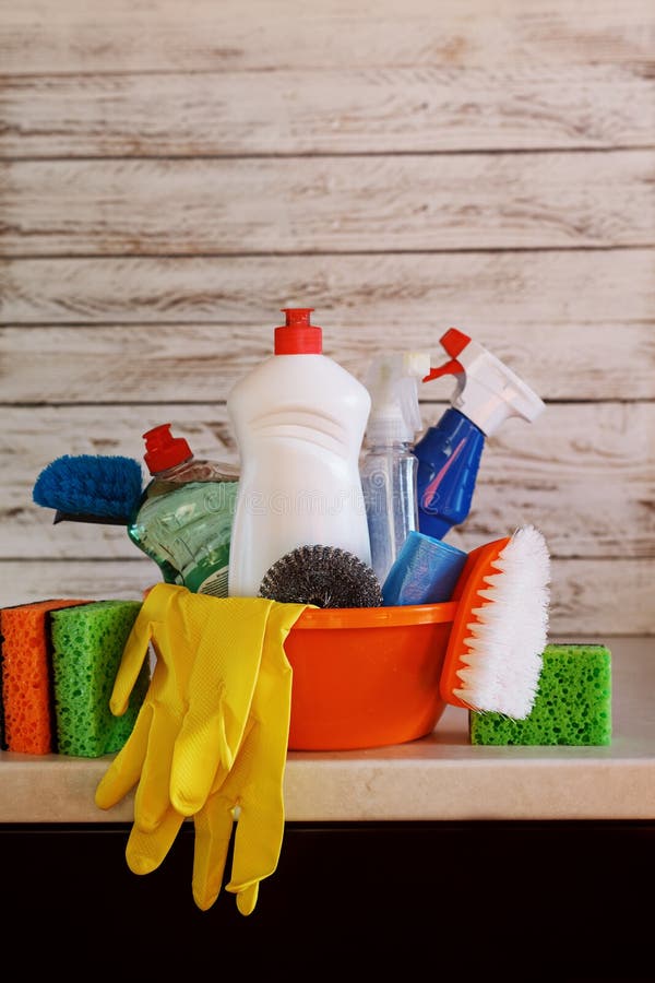 Cleaning Set with Products and Supplies on Kitchen Table Stock Image ...