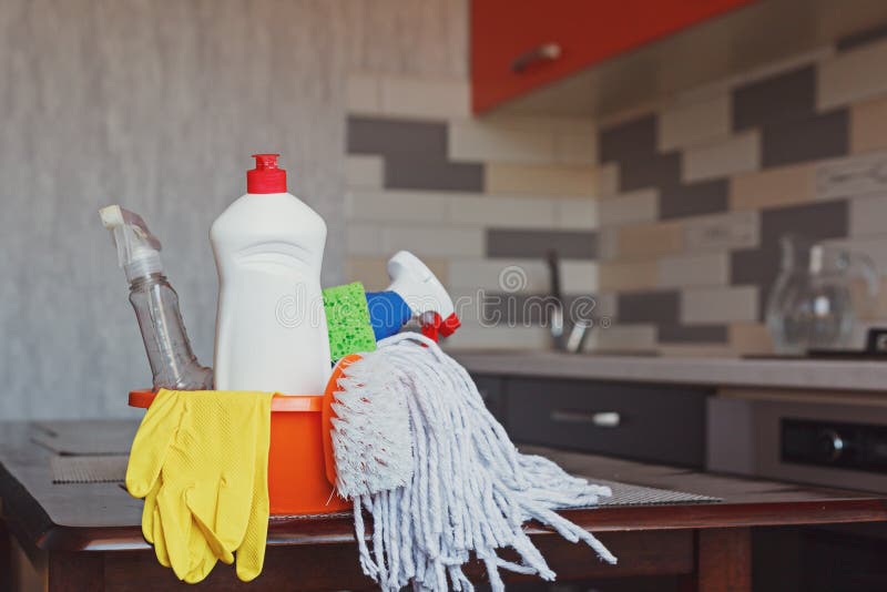 Cleaning Set with Products and Supplies on Kitchen Table Stock Image ...