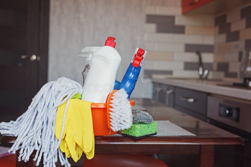 Cleaning Set with Products and Supplies on Kitchen Table Stock Image ...