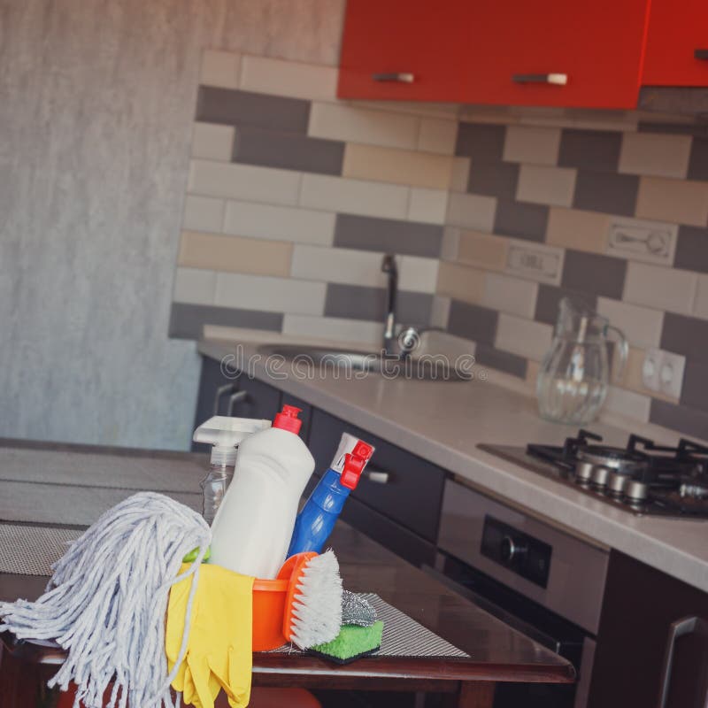 Cleaning Set with Products and Supplies on Kitchen Table Stock Image ...