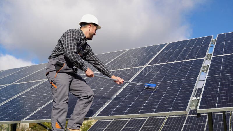 Cleaning Solar Panels with Brush and Water Stock Footage - Video of ...