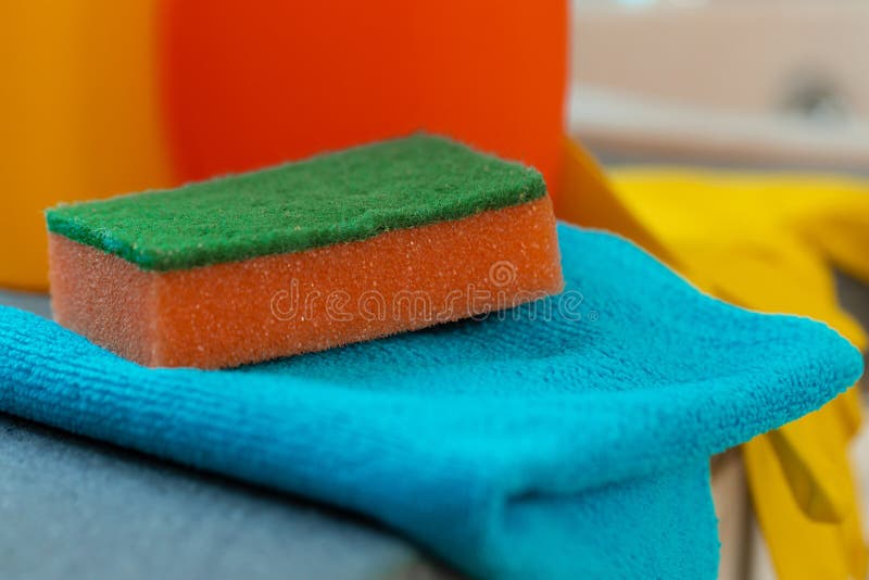 Cleaning Sponge and Rag on Kitchen Counter Stock Photo - Image of spray ...
