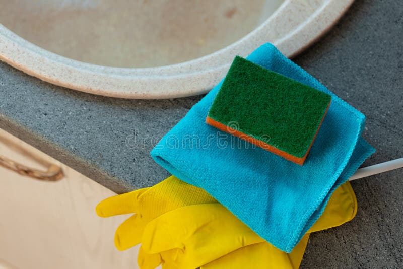 Cleaning Sponge and Rag on Kitchen Counter Stock Image - Image of ...