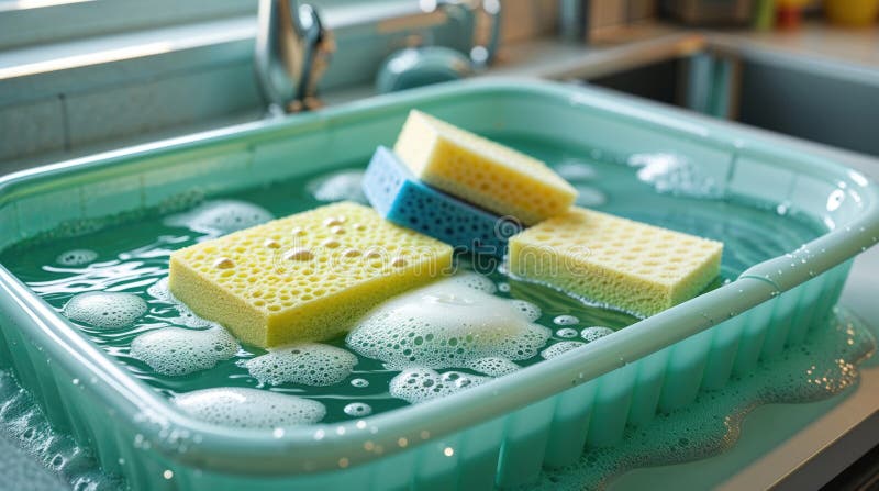 Cleaning Sponges Soaking in Water Stock Illustration - Illustration of ...