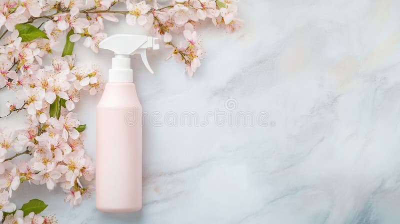 Cleaning Spray Bottle with Cherry Blossoms on Marble Background, Spring ...