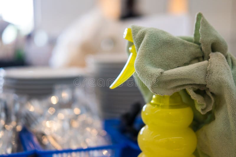 Cleaning Spray Bottle and Microfiber Cloth on a Modern Kitchen ...