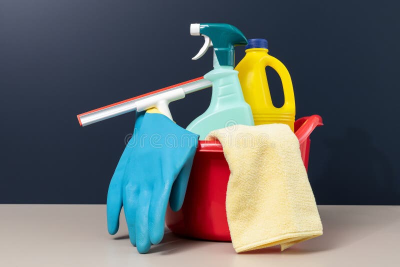 Cleaning Supplies in Bucket on Table Stock Photo - Image of housework ...