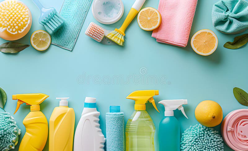 Cleaning Supplies in Pastel Colors Stock Image - Image of bottle ...