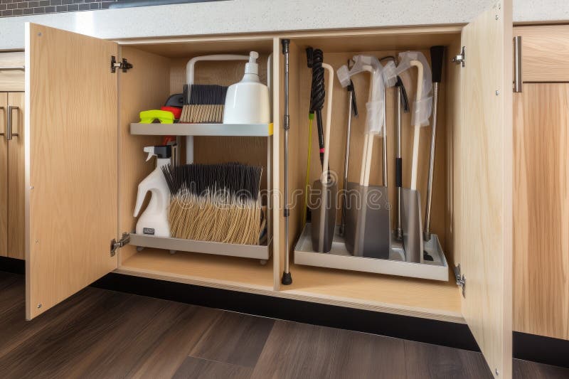 Cleaning Supplies Being Organized in a Closet or Storage Room Stock ...