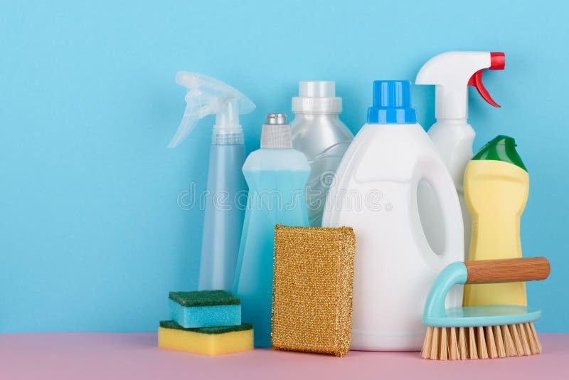 Cleaning Supplies and Tools Set for Different Housework Stock Photo ...