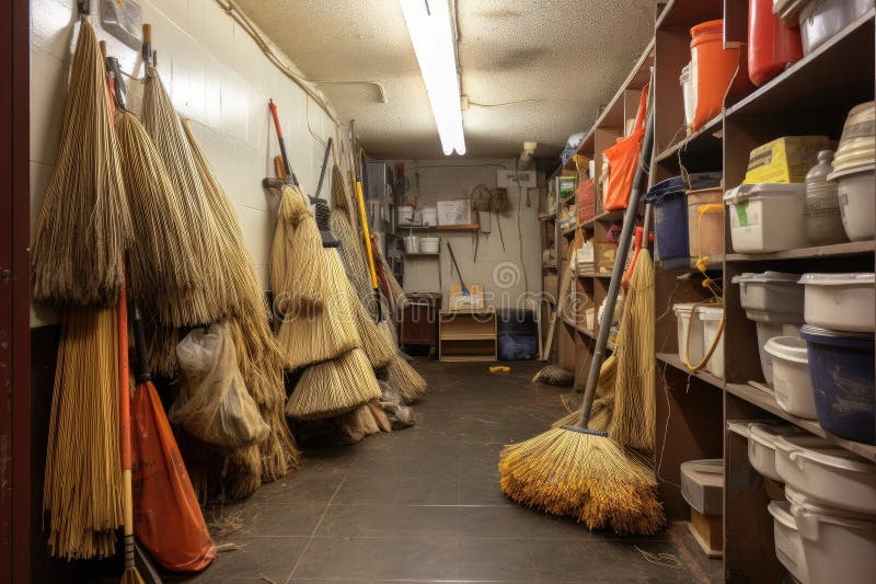 A Cleaning Supply Closet, Filled with Mops and Brooms Stock ...