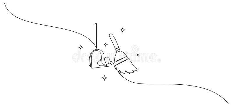 Cleaning and Sweeping Tools in One Continuous Line Drawing. Broom with ...