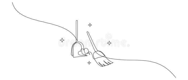 Cleaning and Sweeping Tools in One Continuous Line Drawing. Broom with ...