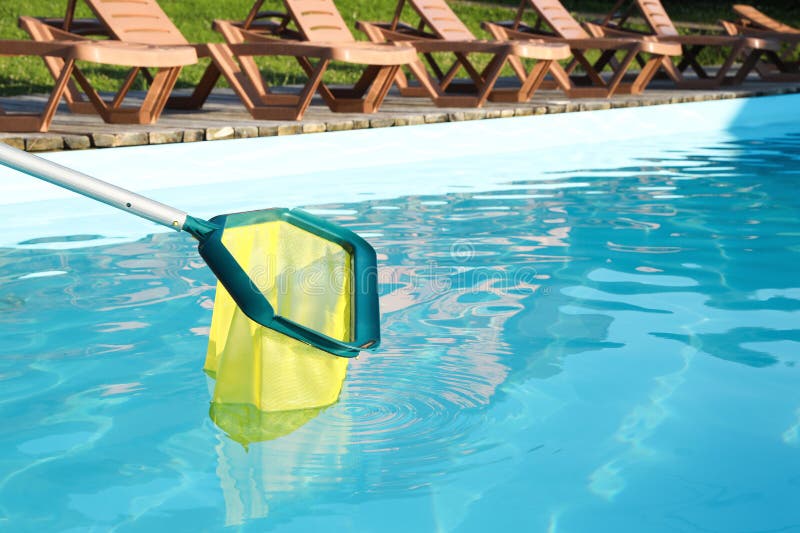 Cleaning Swimming Pool with Skimmer Net on Sunny Day Stock Photo ...