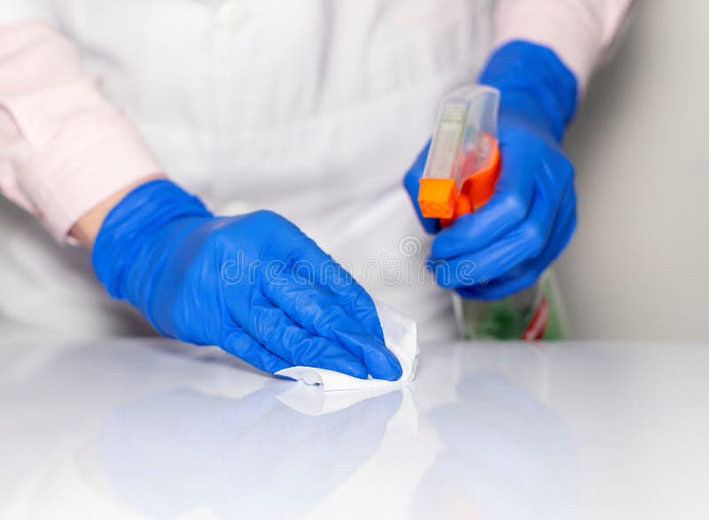Cleaning Table with Disinfectant Spray and Microfiber Close Up for ...