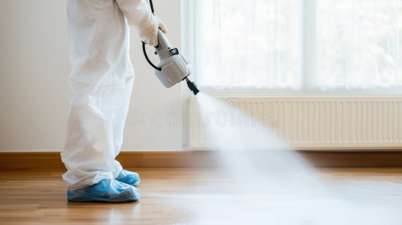 Cleaning Technician Using Spray Machine in Sanitized Room Stock ...