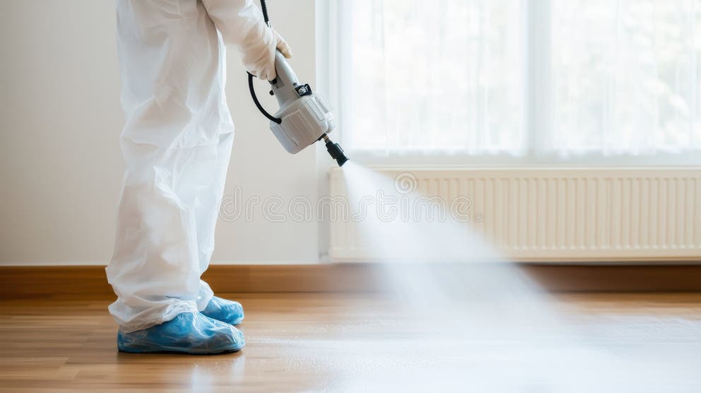 Cleaning Technician Using Spray Machine in Sanitized Room Stock ...
