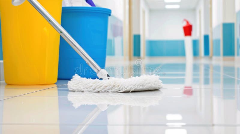 Cleaning Tools in Action: Mop and Buckets in a Bright Hallway Stock ...