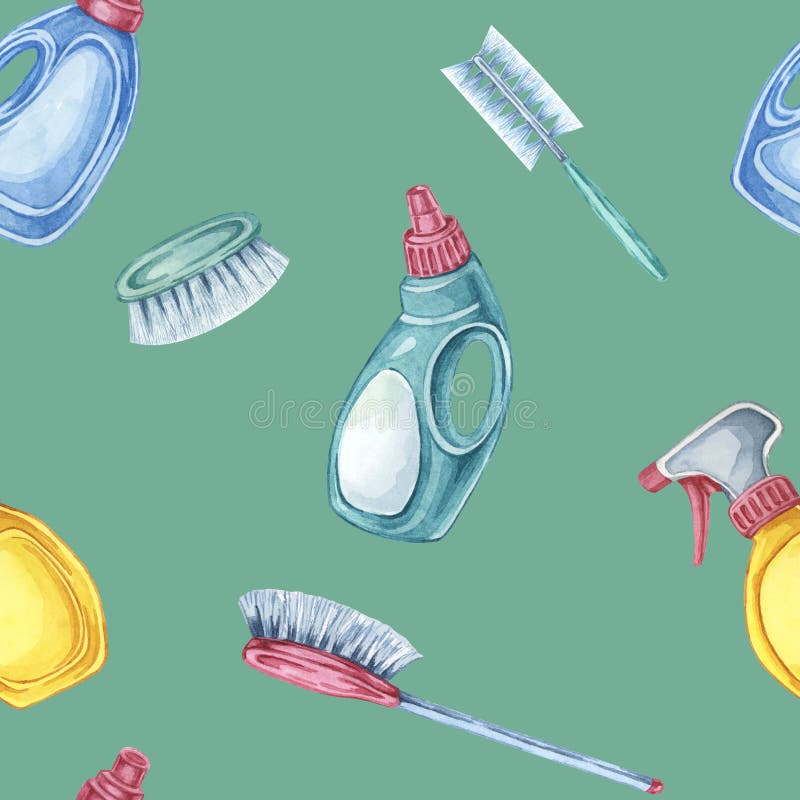Cleaning Tools Colorful Seamless Pattern with Spray Bottles, Detergent ...