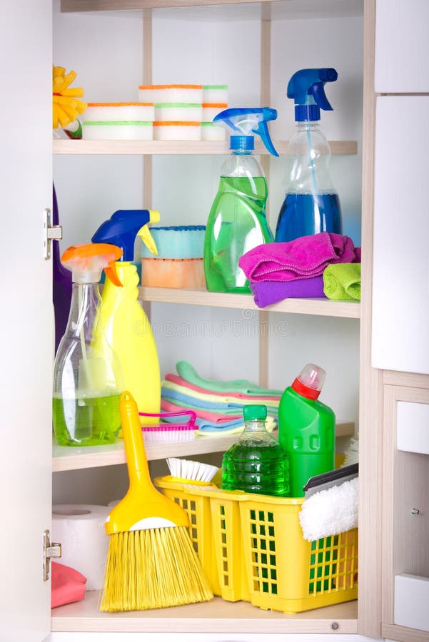 Cleaning Tools and Products in Storage Place Stock Photo - Image of ...