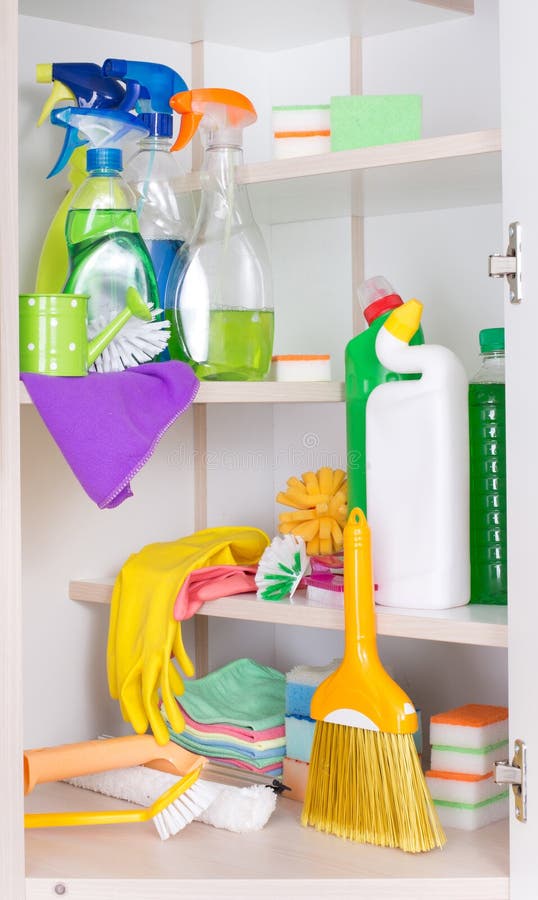 Cleaning Tools and Products in Storage Place Stock Photo - Image of ...