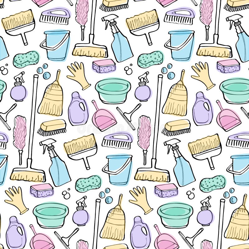 Cleaning Tools Doodle Vector Seamless Pattern Stock Illustration ...