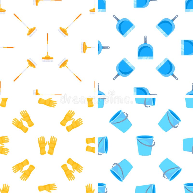 Cleaning Tools Seamless Pattern Showing Buckets, Gloves, Dustpans and ...