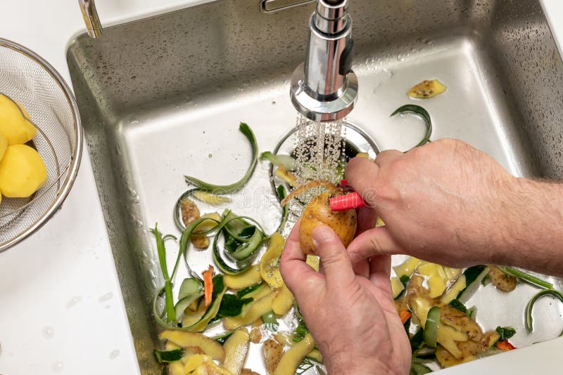 Cleaning Vegetables Over the Sink with Waste in the Dispenser Stock ...