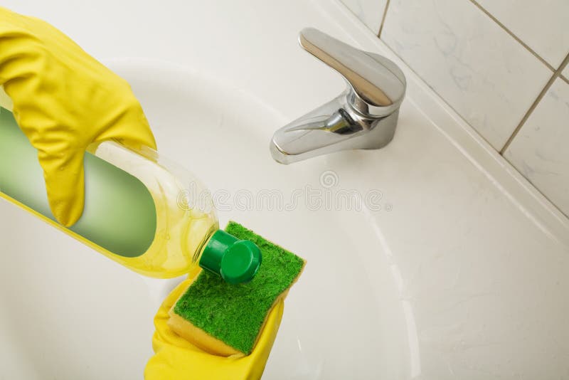 Cleaning the Wash Basin in the Bathroom Stock Image - Image of green ...