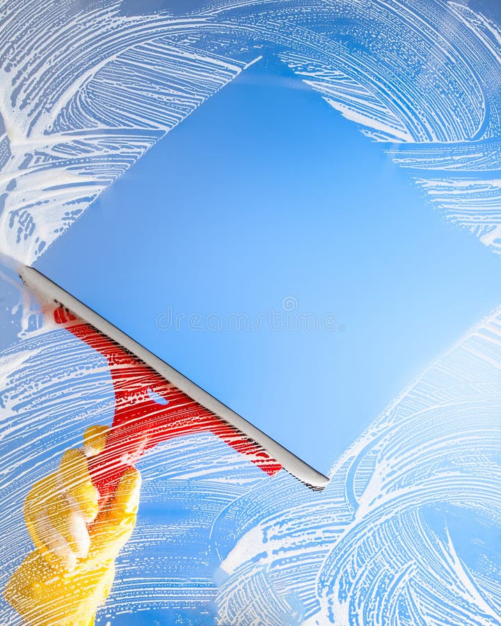 Cleaning Window with Squeegee Blue Sky Stock Photo - Image of glass ...