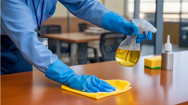 Cleaning Worker Disinfects an Office Table Using Proper Equipment and ...