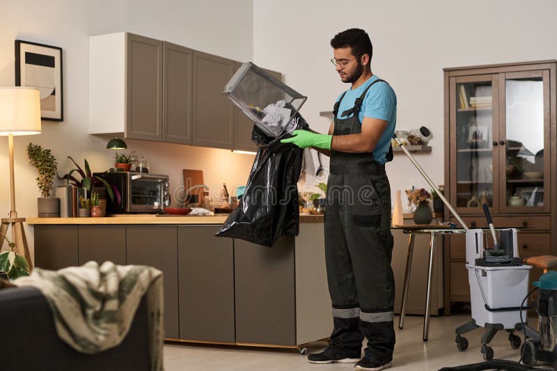 Cleaning Worker Empty the Trash Can Stock Photo - Image of cleanup ...