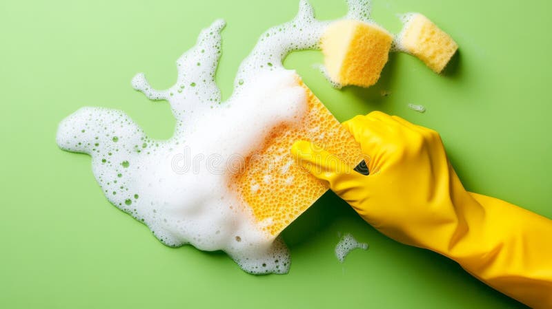 Cleaning with Yellow Gloves and Sponge on Green Surface with Soap ...