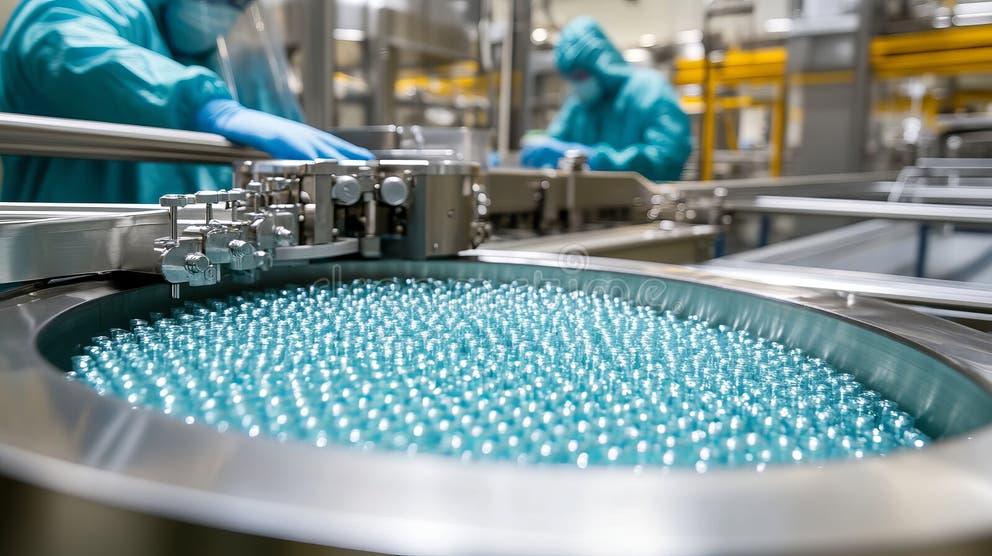 Cleanroom Biopharmaceutical Production Process with Workers in ...