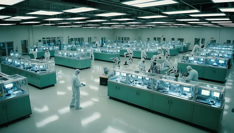 Cleanroom Manufacturing Facility with Workers in Protective Suits and ...