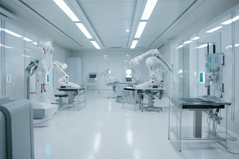 Cleanroom with Robotic Arms and Hands Working on Delicate Electronic ...