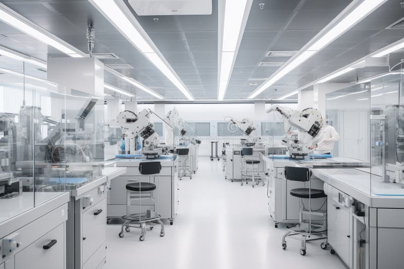 Cleanroom with Robotic Arms and Hands Working on Delicate Electronic ...