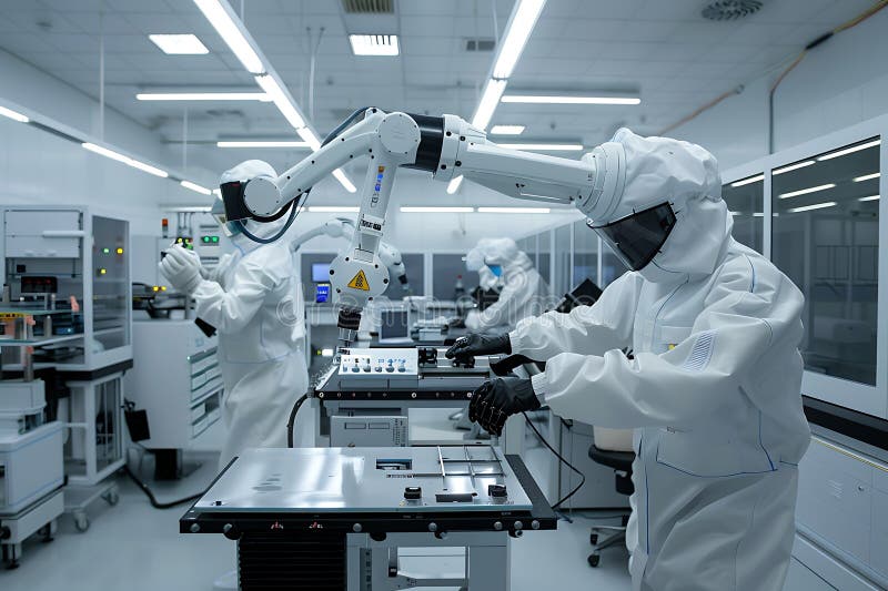 Cleanroom with Robotic Arms and Hands Working on Delicate Electronic ...
