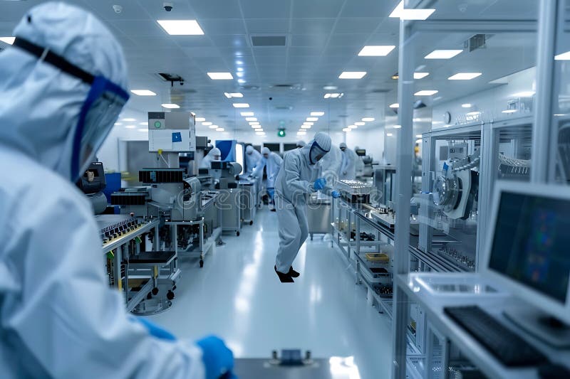 Cleanroom Workers Manufacturing High-Tech Components in a Modern ...