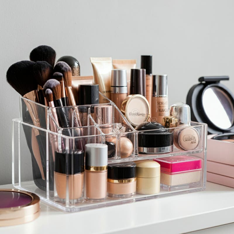 Clear Acrylic Makeup Organizer on a White Surface, Containing Various ...