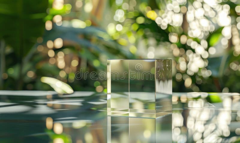A Clear Acrylic Pedestal on a Glass Table, with a Blurred Greenery ...