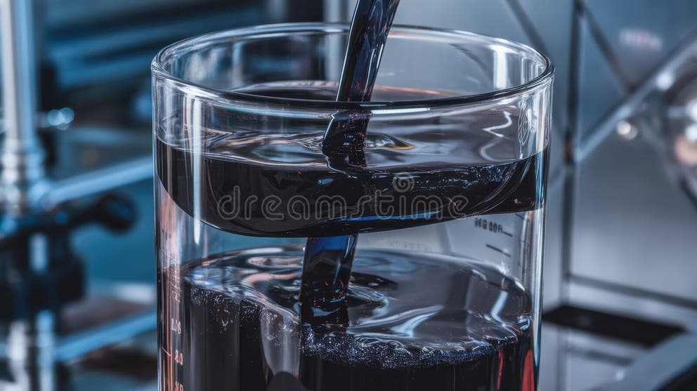 A Clear Beaker Filled with Dark Liquid Being Poured with Precision in a ...