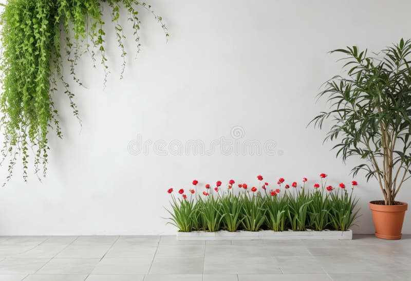 Clear Blank White Wall Copy Space, Grass Field Floor, Potted Flower ...