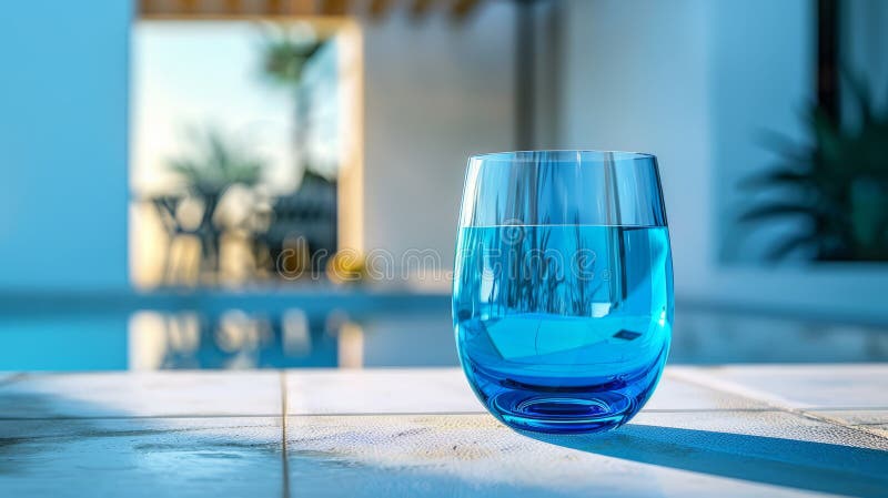 A Clear Blue Glass of Water Sitting Poolside on a Sunny Day. Stock ...