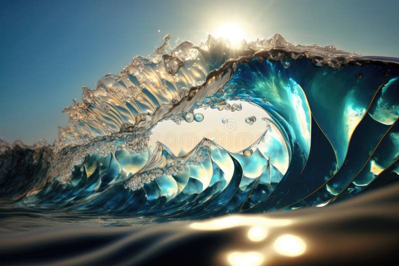Clear Blue Liquid Wave, with Tiny Crystals and Light Reflections in the ...