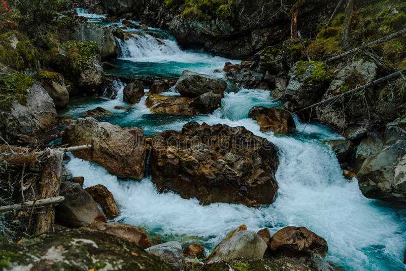A Clear Blue Mountain River Flows in an Autumn Mountain Forest Stock ...