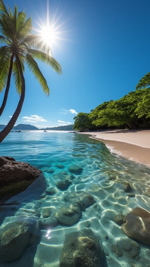Clear Blue Ocean And Palm Trees On A Tropical Beach Stock Illustration