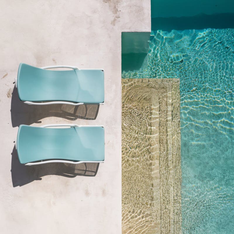 Clear Blue Pool with Sun Loungers Casting Shadows, Sunlight Creates ...