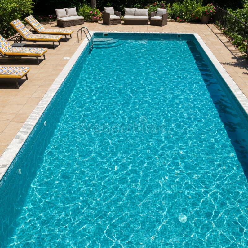 Clear Blue Rectangular Swimming Pool with Lounge Chairs Stock ...
