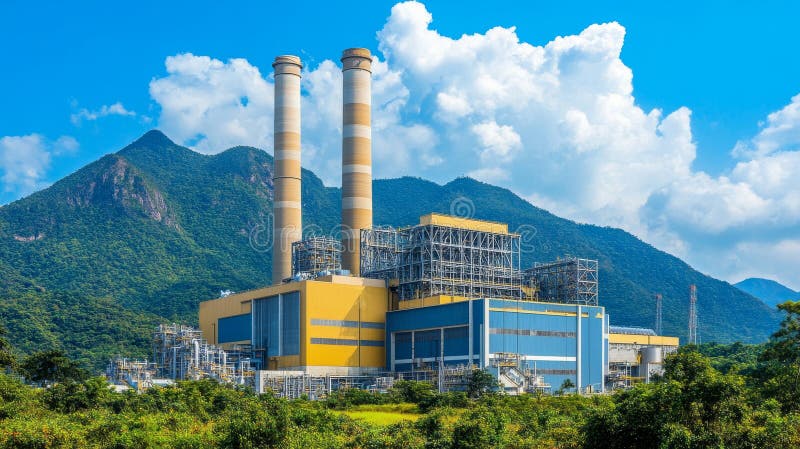 Clear Blue Sky Backdrop Industrial Power Plant Emitting Smoke Stock ...